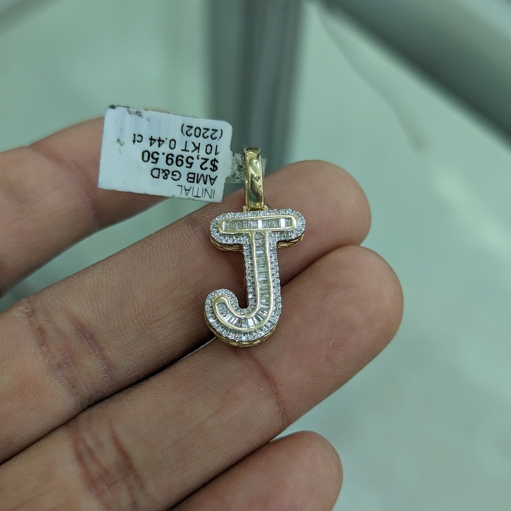 Real Diamond 10kt Gold Baguette Initial J Pendant - Gem